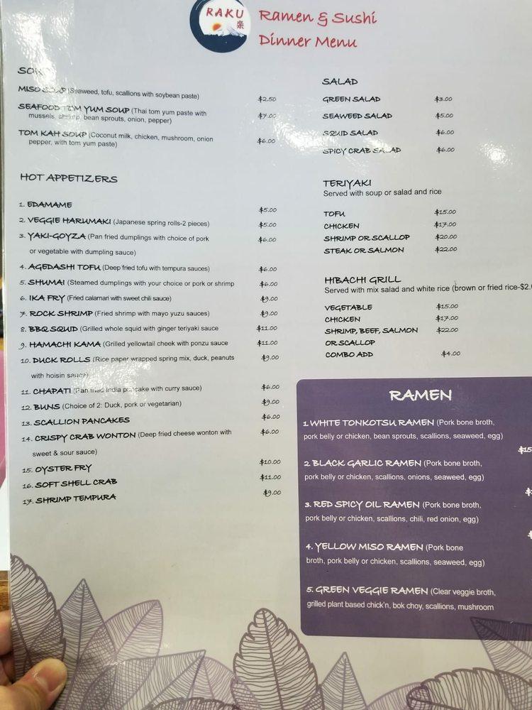 Menu at Raku Ramen and Sushi restaurant, Clemmons