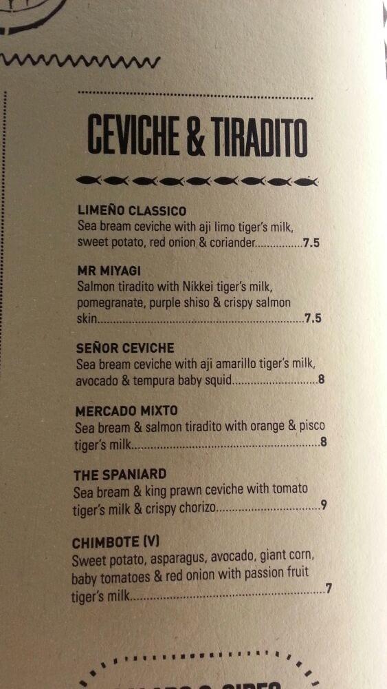 Menu at Señor Ceviche Peruvian Restaurant Soho, London, Kingly Court