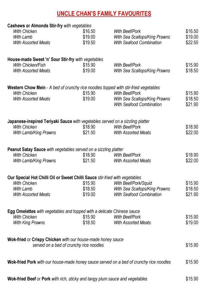 Menu at Uncle Chan's Chinese Restaurant, Bundaberg West, 245 Bourbong St