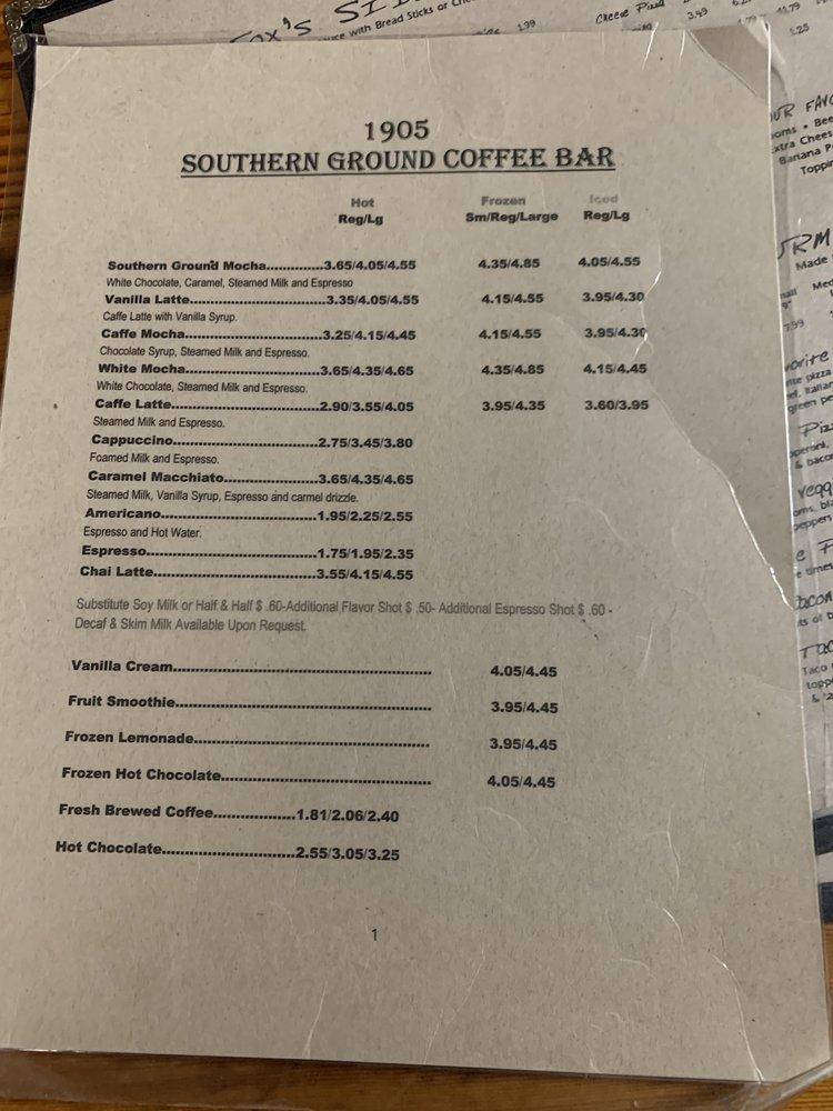 Menu at 1905 Featuring Southern Ground Coffee Bar & Fox's Pizza Den ...