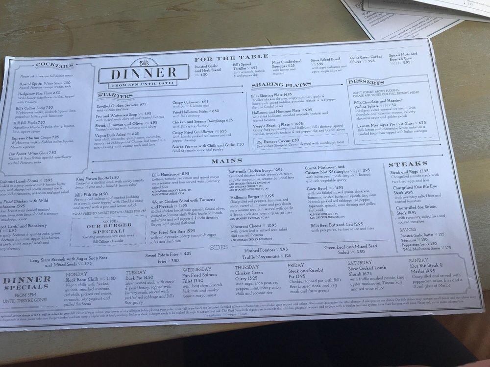 Menu at Bill's Westfield Restaurant, London, Westfield Shopping Centre