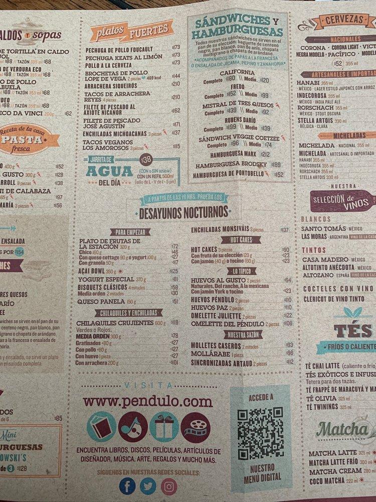 Carta de Cafebrería El Péndulo Zona Rosa, Ciudad López Mateos, Hamburgo 126