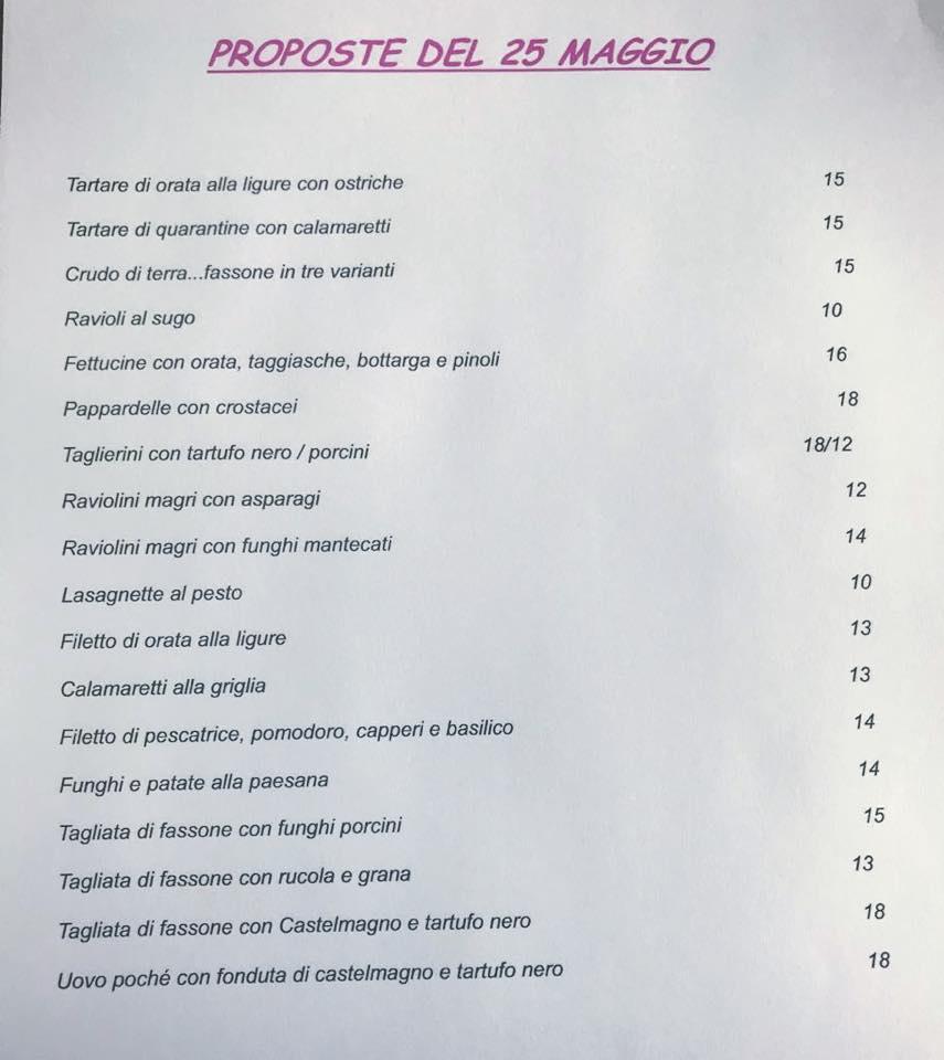 Menu da Ristorante Roma, Montoggio