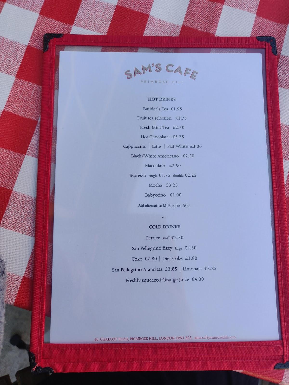 Menu at Sam's Cafe Primrose Hill, London, 40 Chalcot Rd