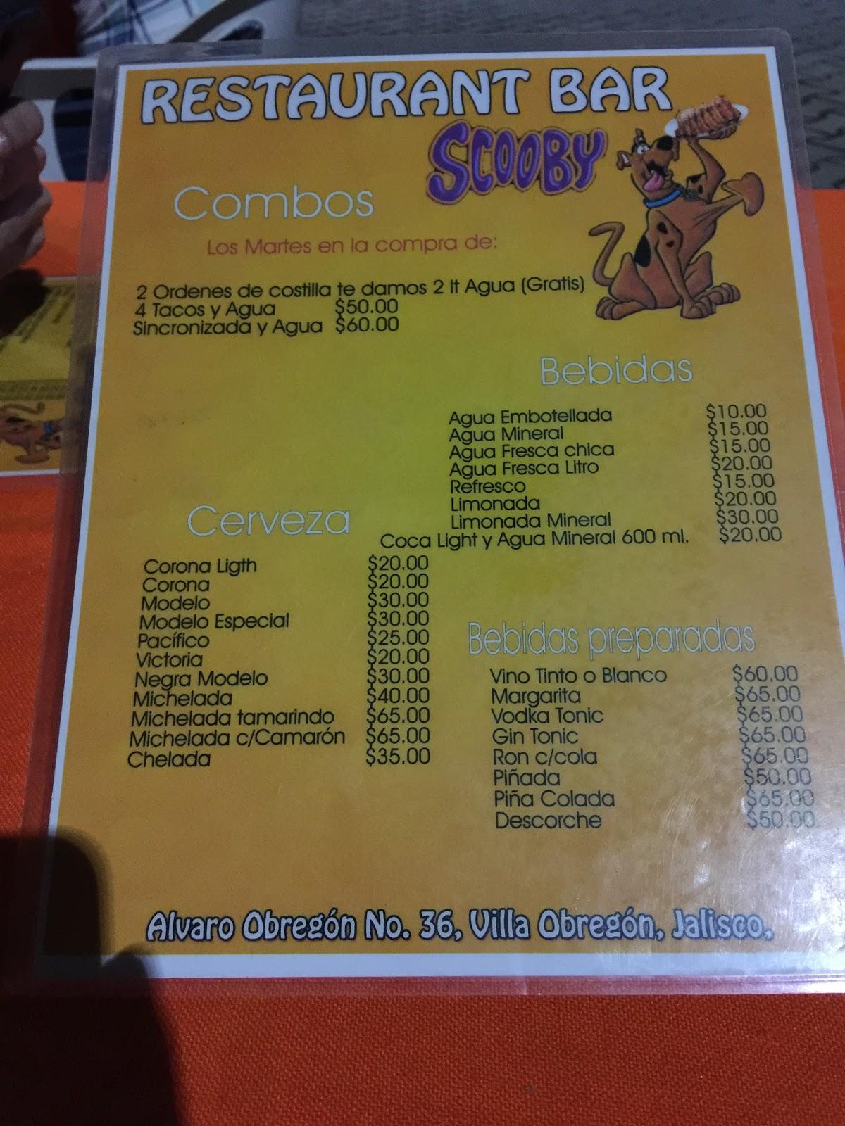 Menu at Tacos Scooby restaurant, San Patricio, Álvaro Obregón 34
