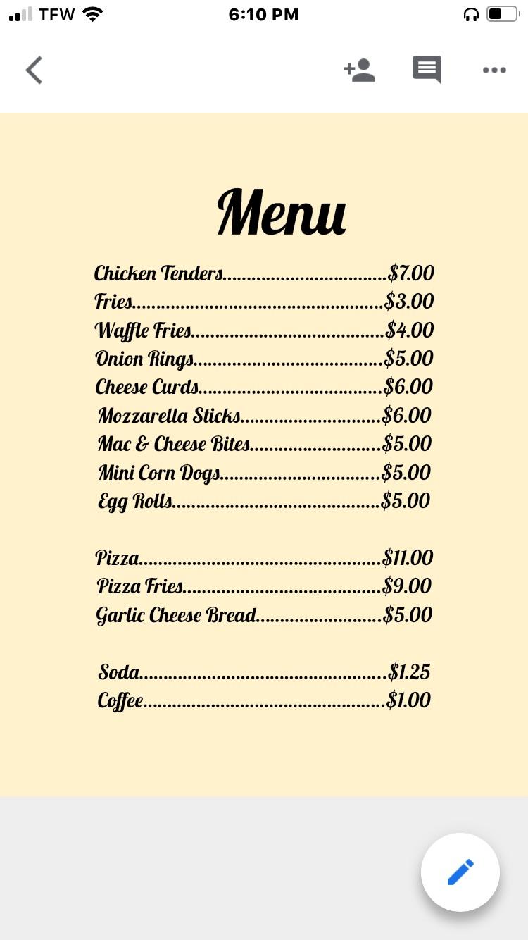 Menu at The Crow's Nest pub & bar, Jim Falls