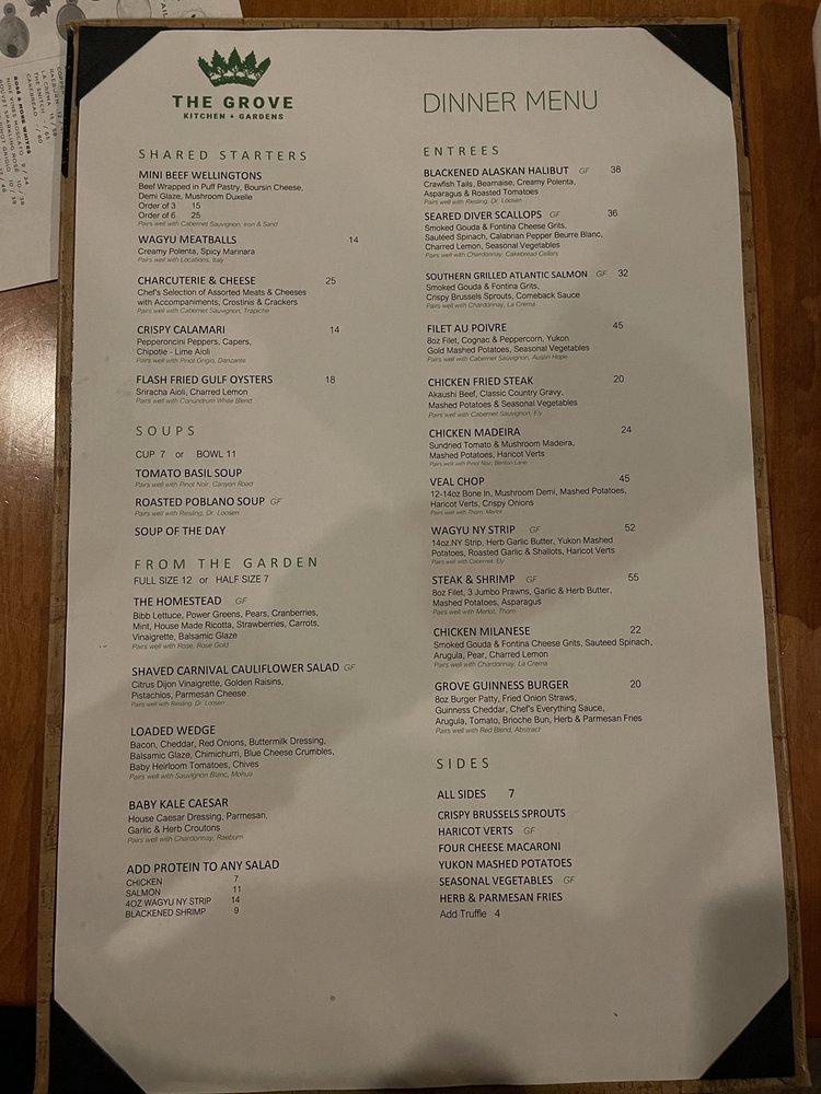 Menu at The Grove Kitchen & Gardens restaurant, Tyler