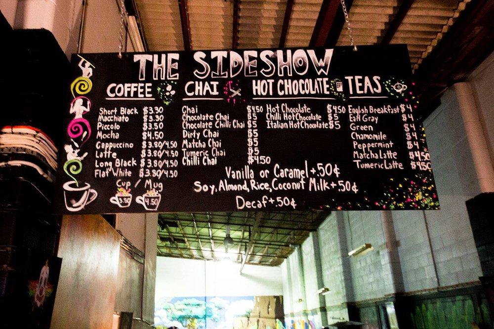 Menu at The Sideshow cafe, West End