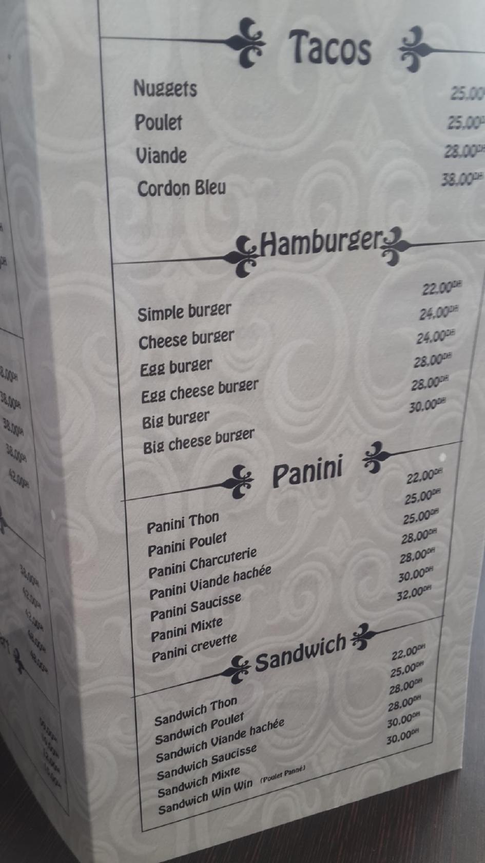 Menu at Win Win restaurant, Temara