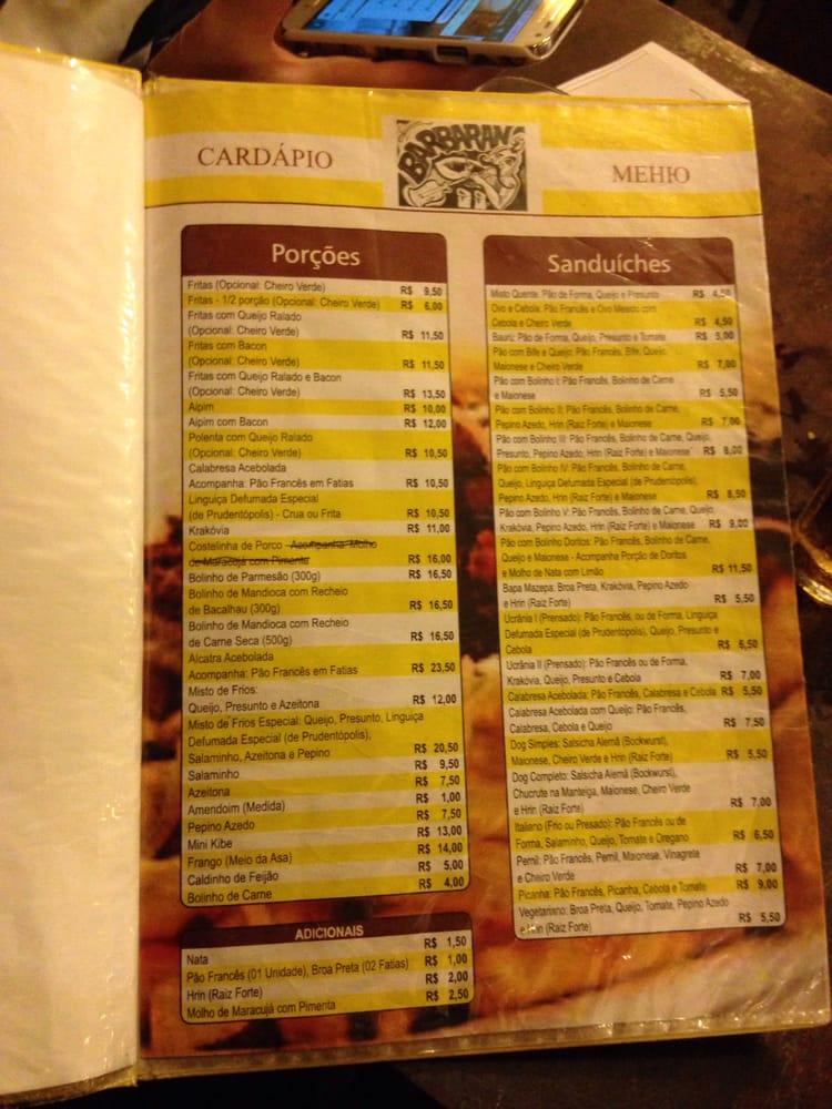 Menu at Barbaran, Curitiba