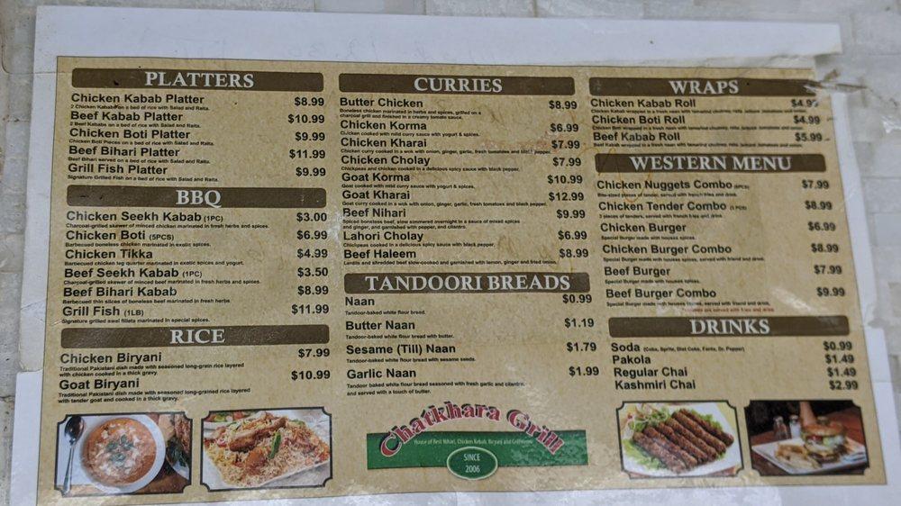 Menu at Chatkhara Grill BBQ, Stafford, 867 Dulles Ave