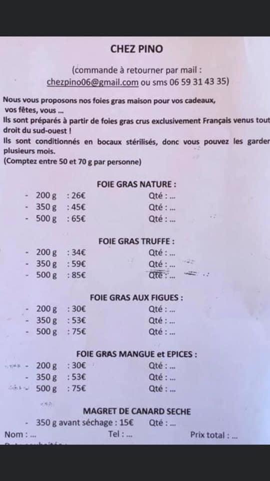 Menu at Chez Pino restaurant, Antibes
