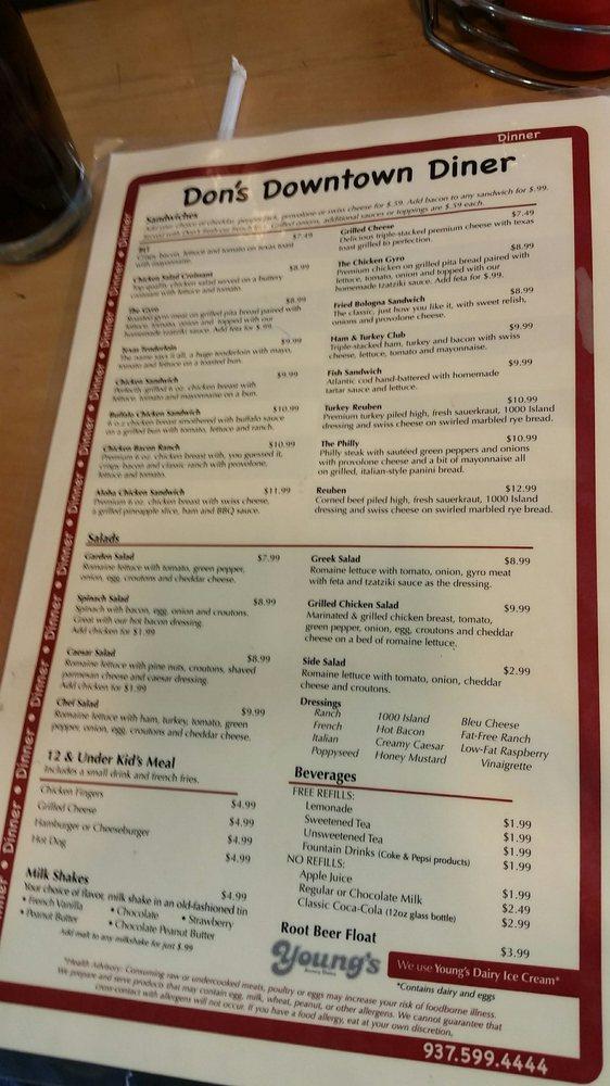 Menu at Don's Downtown Diner restaurant, Bellefontaine