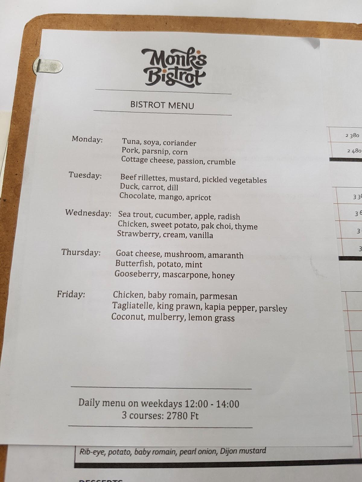 Menu at Monk's Bistrot restaurant, Budapest