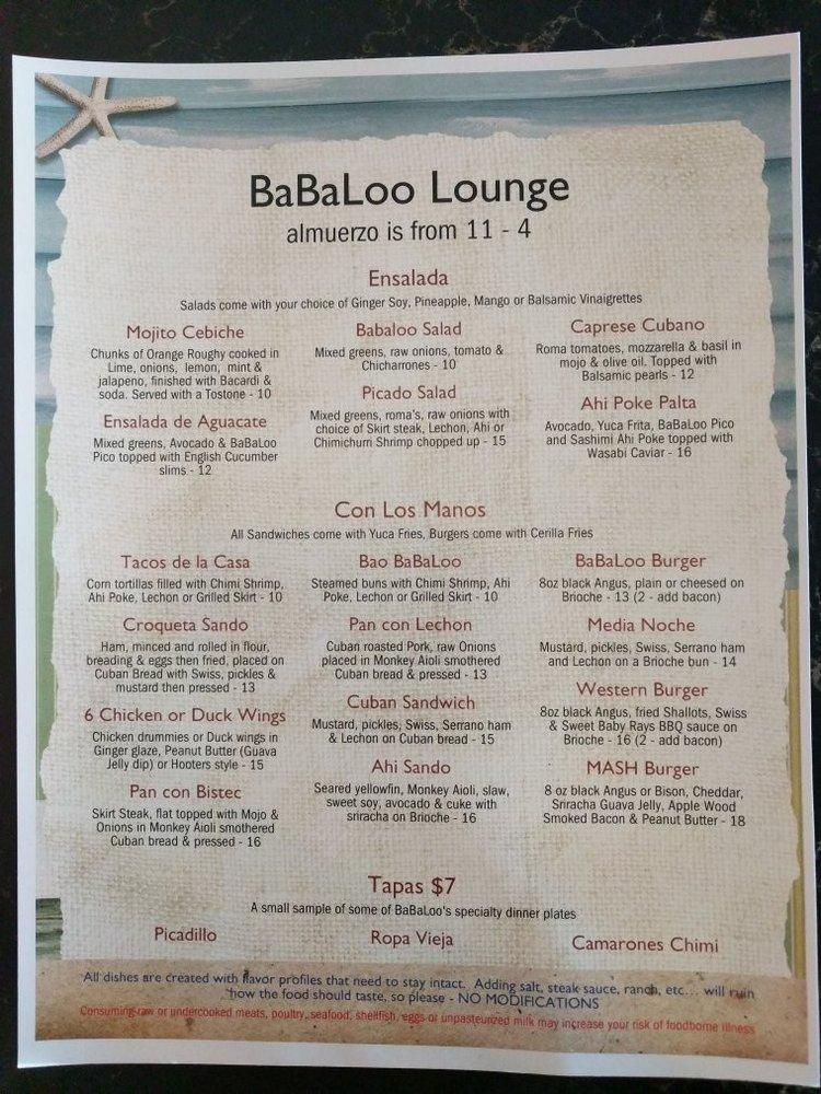 Menu at BaBaLoo Lounge pub & bar, Lake Havasu City