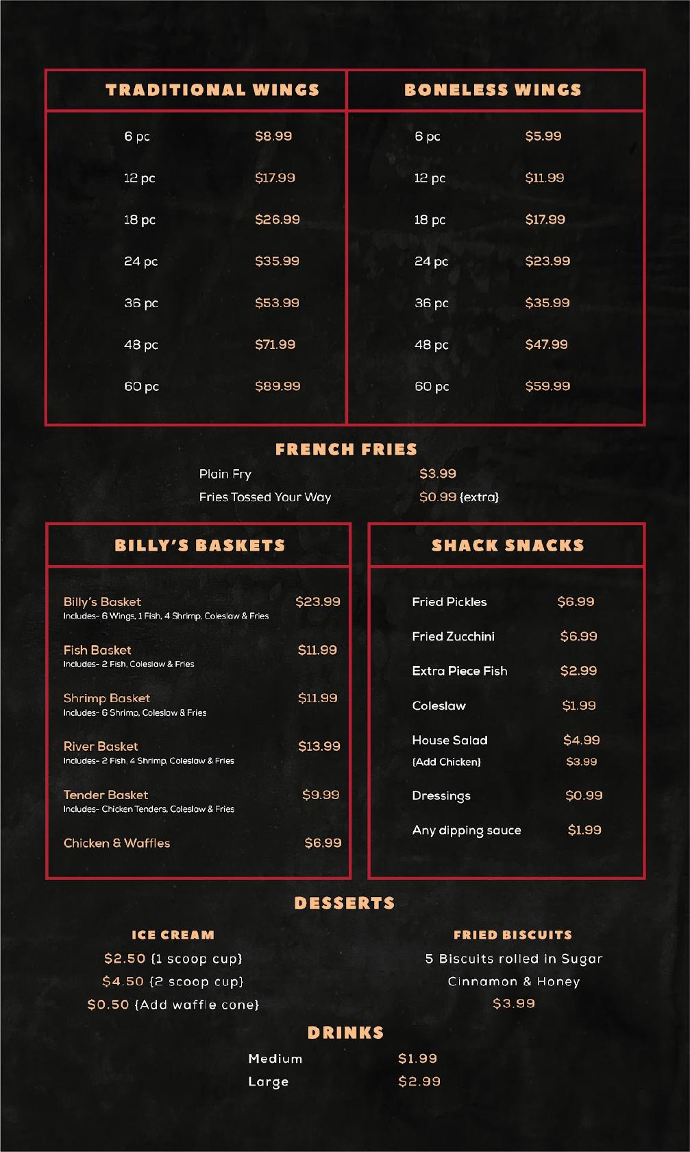 Menu at Billy’s Wing Shack restaurant, Parker