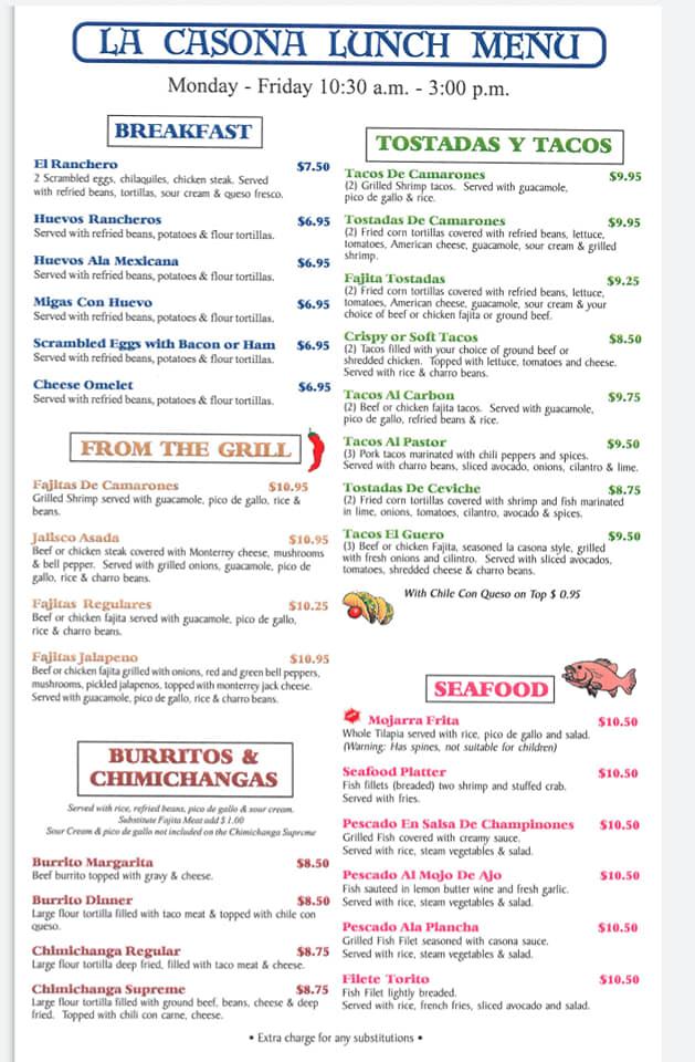 Menu at La Casona restaurant, Rosenberg, Southwest Fwy