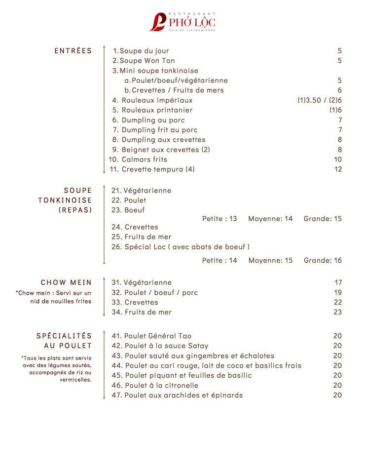 Menu au Restaurant Pho Loc, Sherbrooke