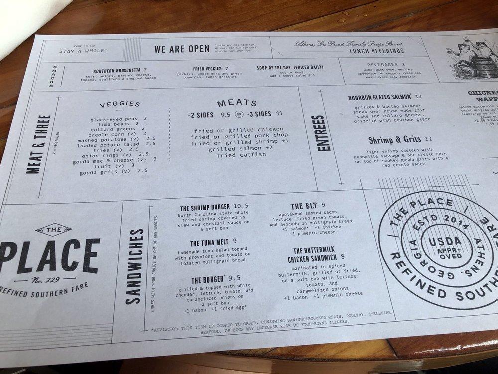 Menu at The Place restaurant, Athens
