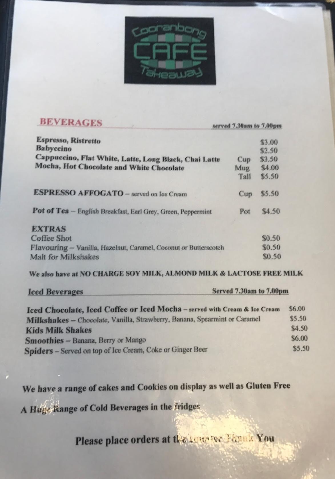 Menu at Watagans Takeaway restaurant, Cooranbong