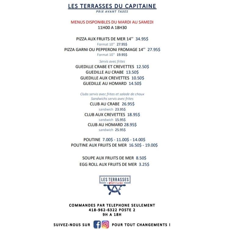 Menu au Casse-Croûte du Pêcheur restaurant, Sept-Iles