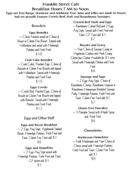 Menu at Franklin Street Cafe, Fort Bragg