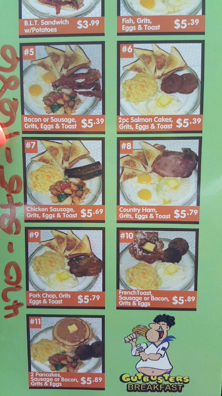Menu at Gutbusters restaurant, Decatur, Candler Rd
