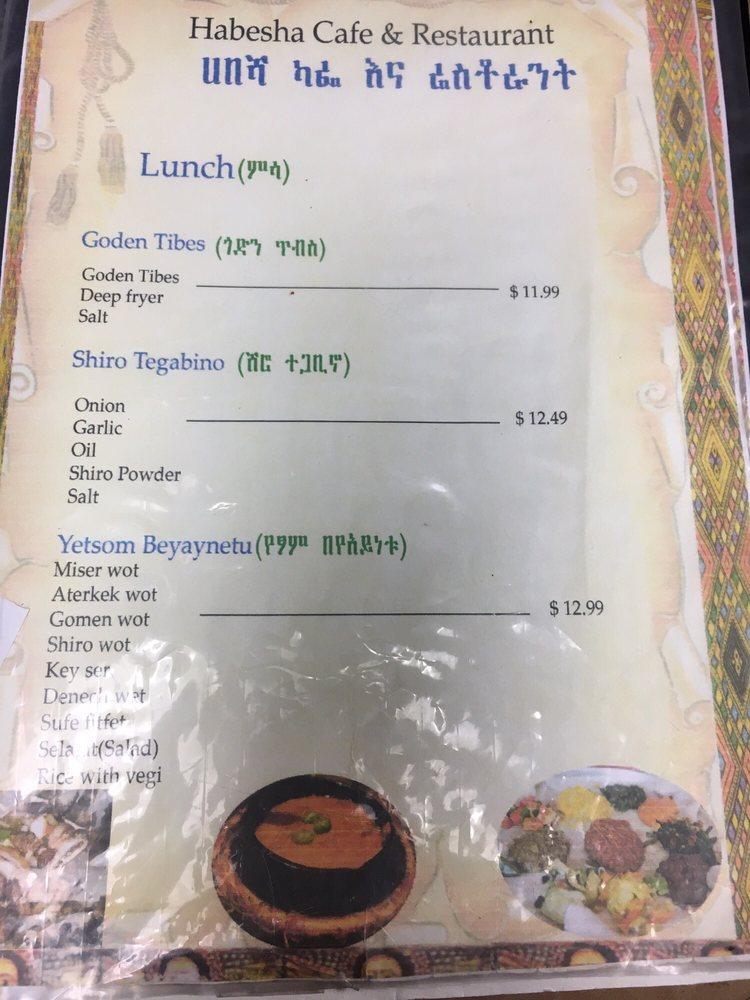 Menu at Habesha Ethiopian Restaurant, Cincinnati
