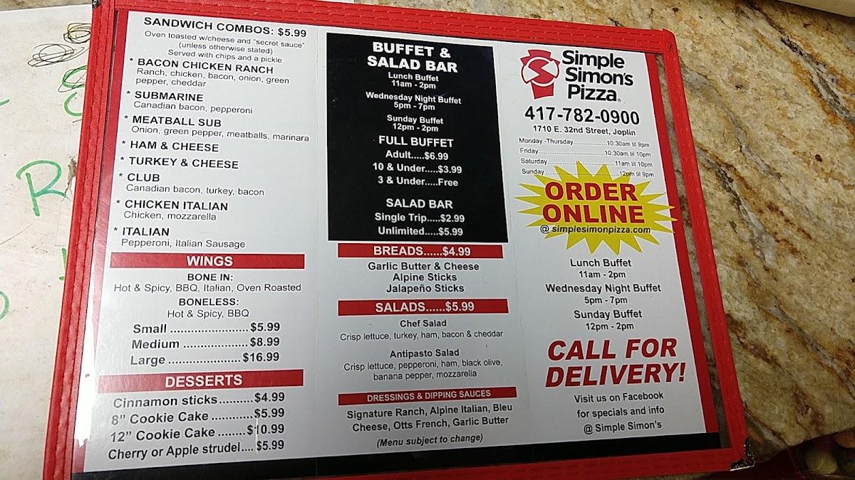 Menu at Simple Simon's Pizza pizzeria, Joplin