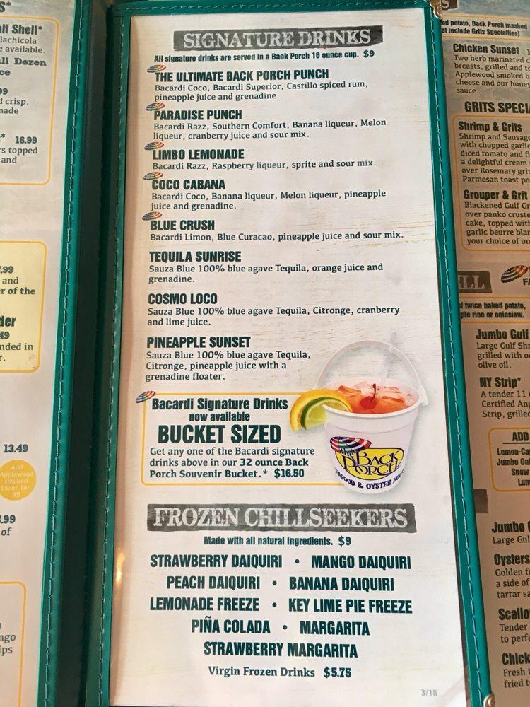 Menu at The Back Porch restaurant, Destin