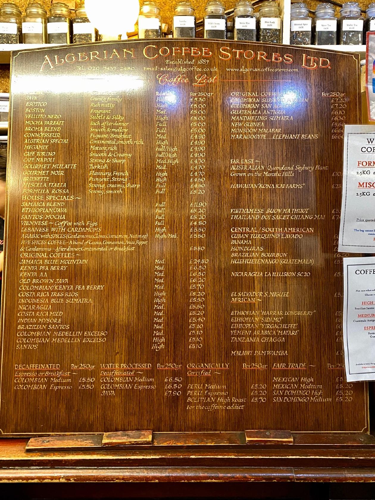 Menu at Algerian Coffee Stores restaurant, London