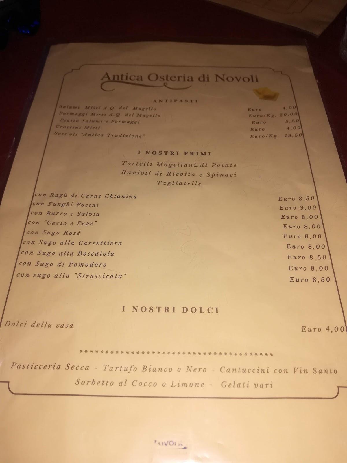 Menu at Antica Osteria di Novoli dal 1807 nel Mugello. Pasta fresca ...