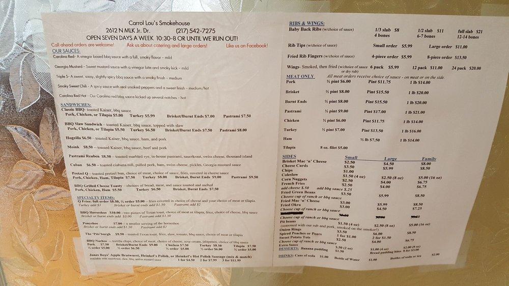 Menu at Carrol Lou's Smokehouse restaurant, Decatur