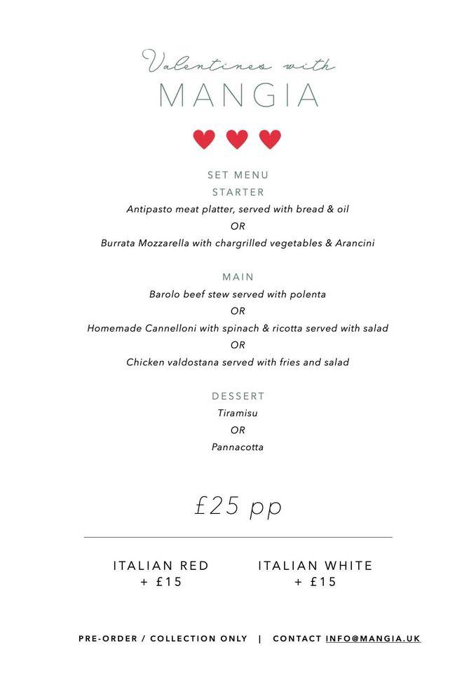 Menu at Mangia restaurant, Falmouth
