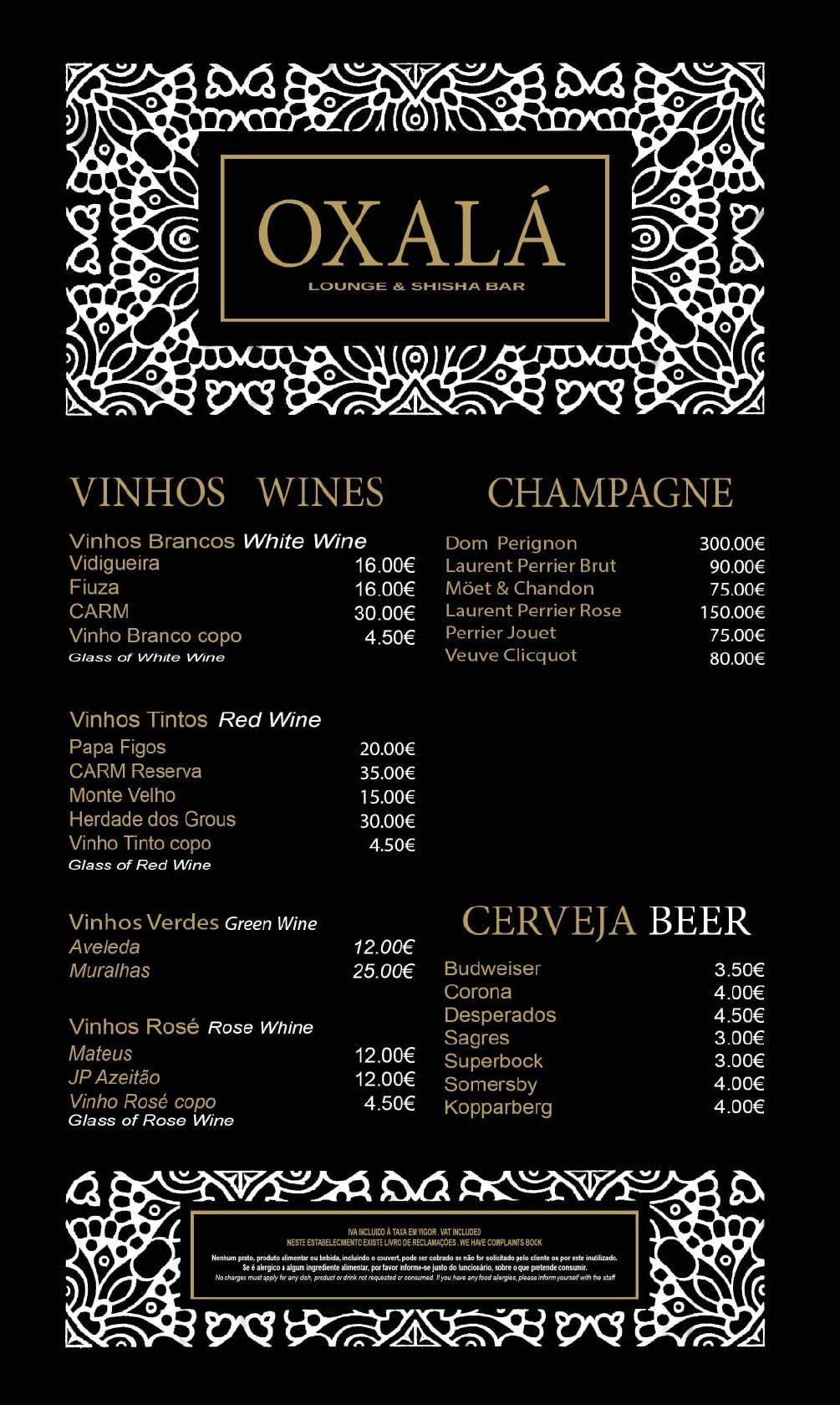 Menu at Oxalá pub & bar, Lisbon