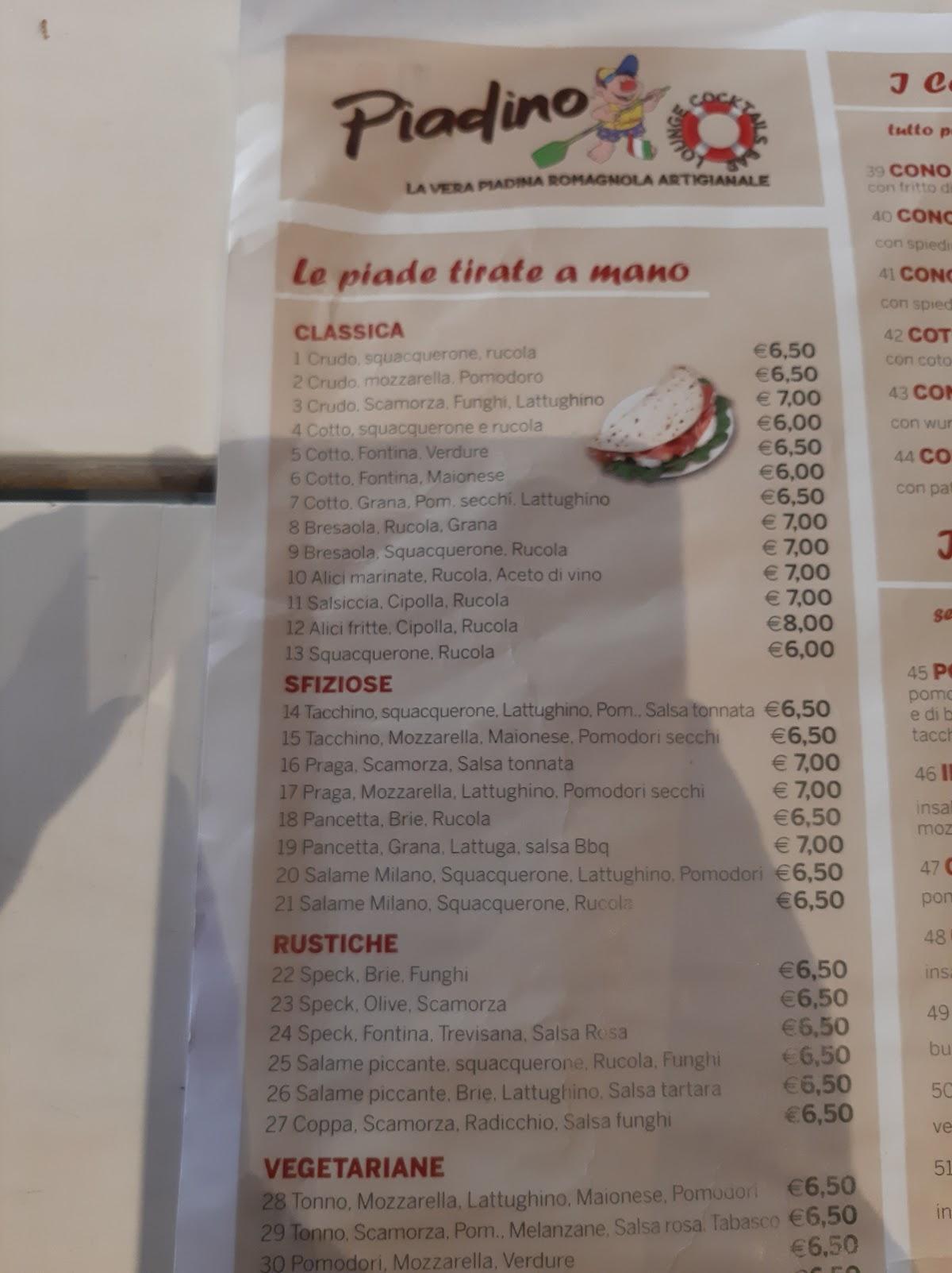 Menu da Piadino Cocktails Bar, Rivazzurra