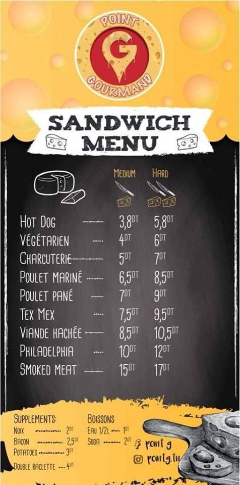 Menu at Point G restaurant, Tunis