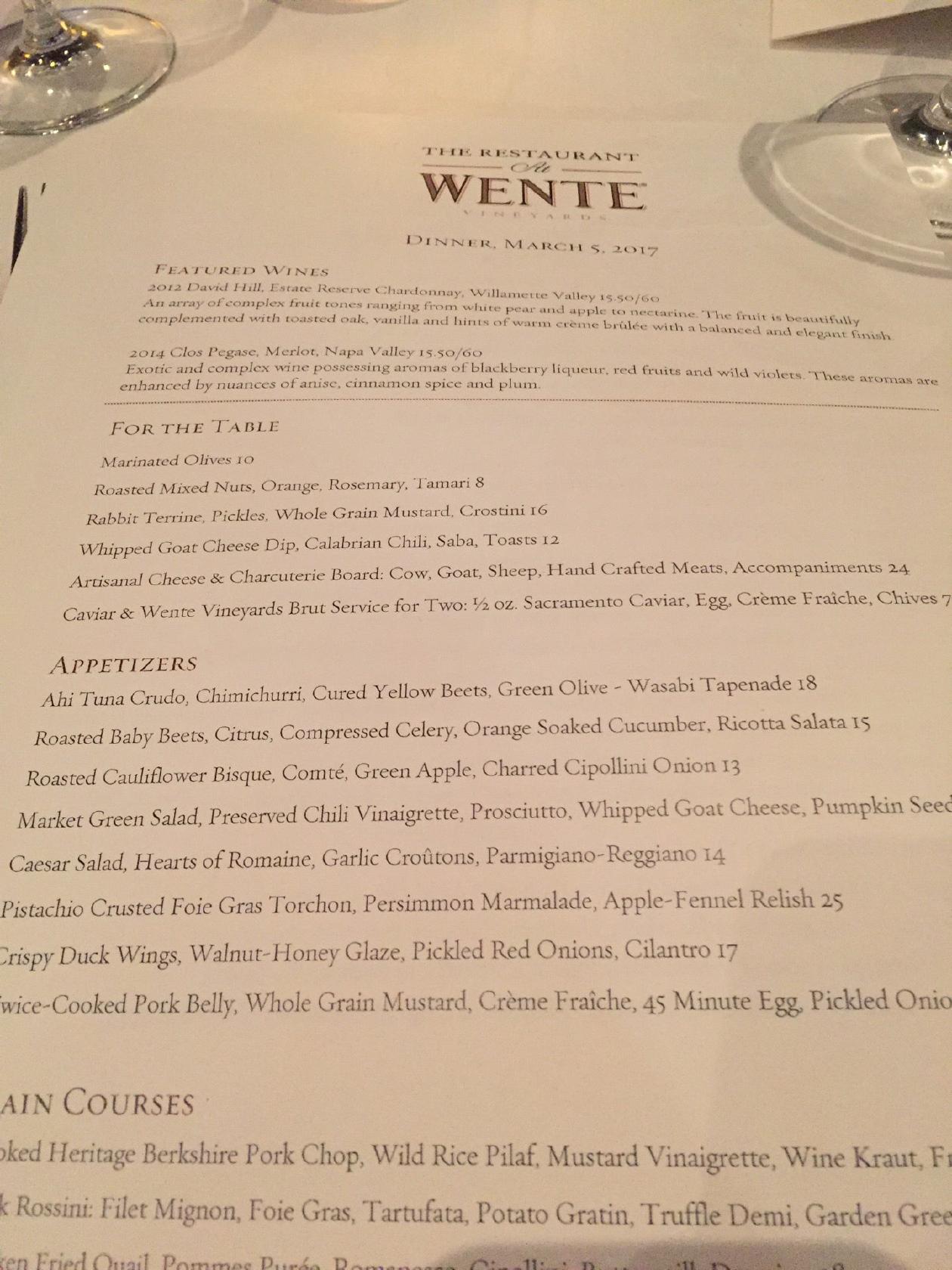 Menu at Wente Vineyards pub & bar, Livermore, Arroyo Rd