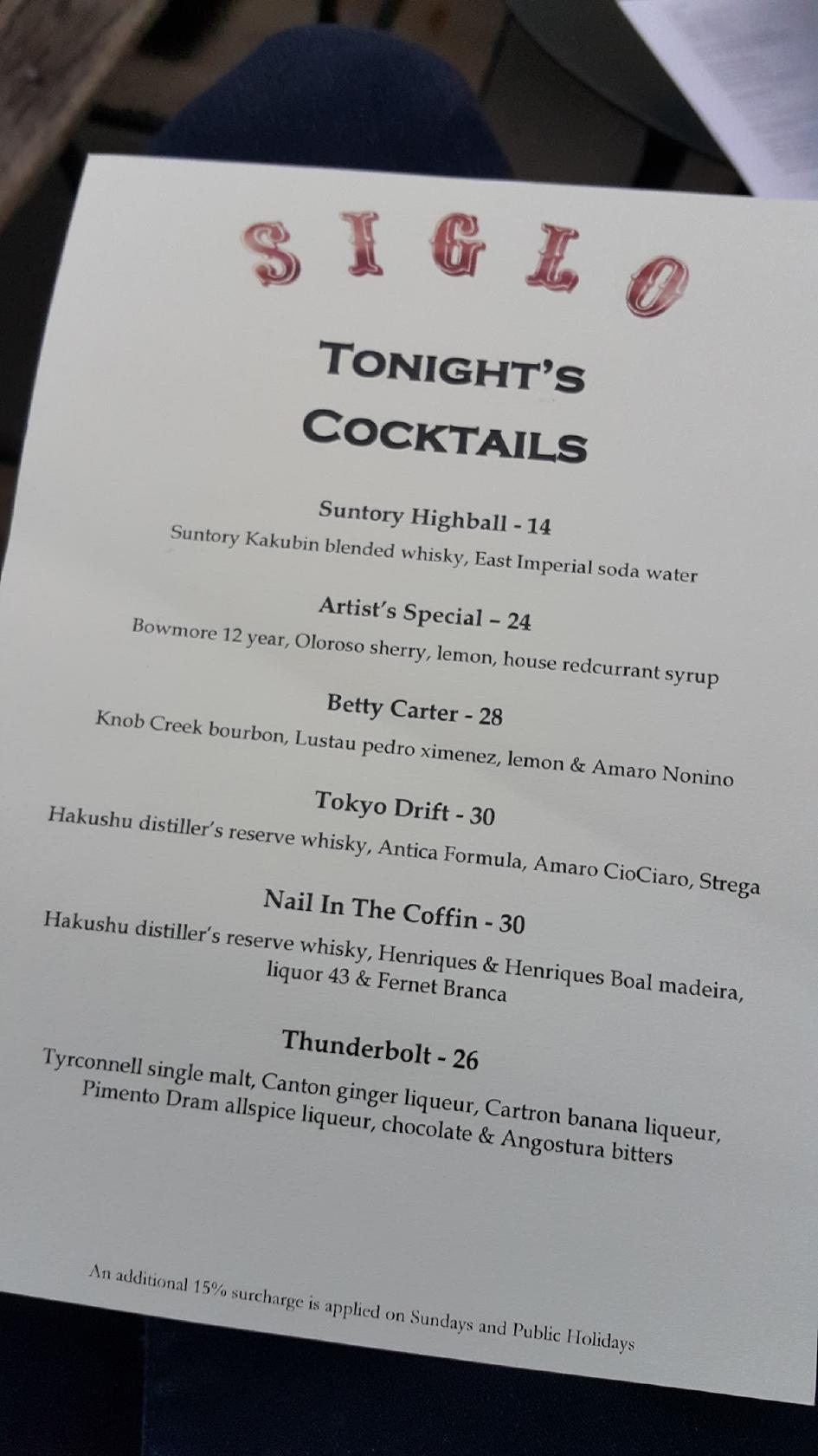 Menu at Siglo pub & bar, Melbourne