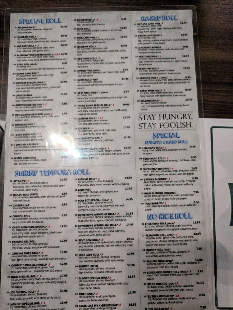 Menu at Sushi Hero restaurant, Las Vegas