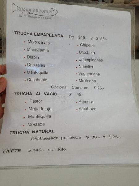 Carta del restaurante TRUCHA ARCOIRIS, Uruapan