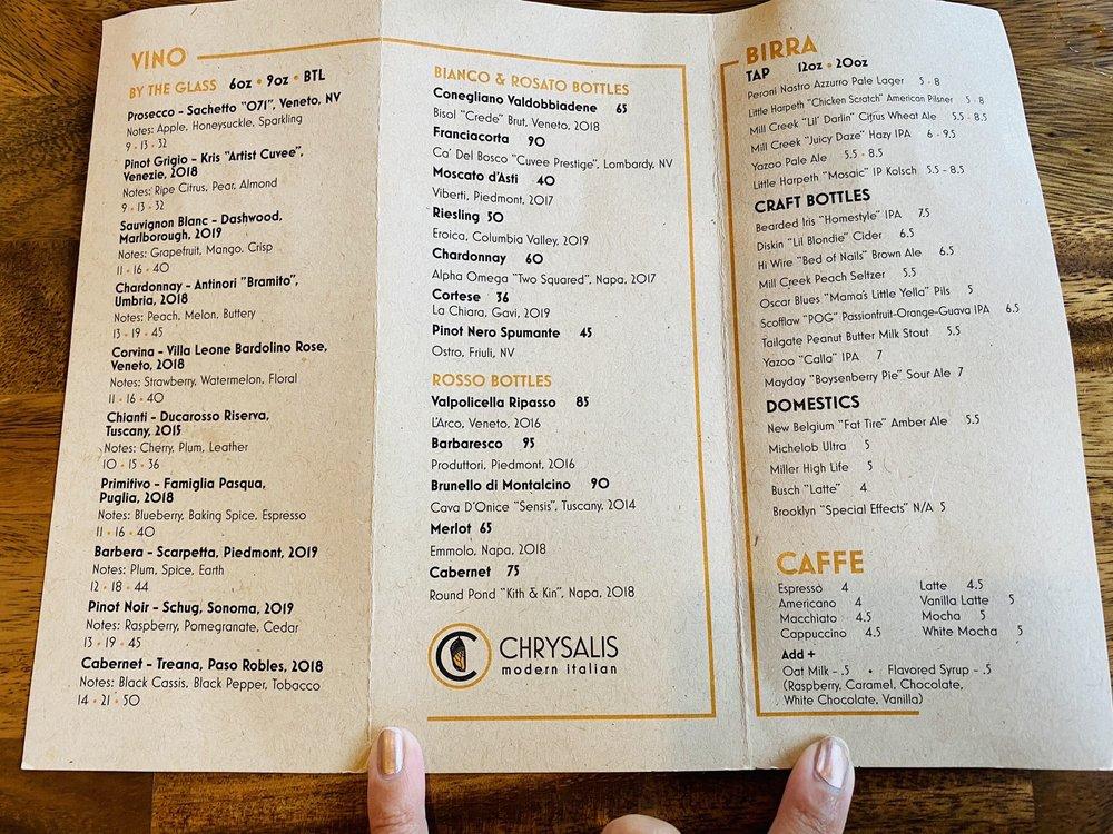 Menu at Chrysalis Modern Italian restaurant, Franklin