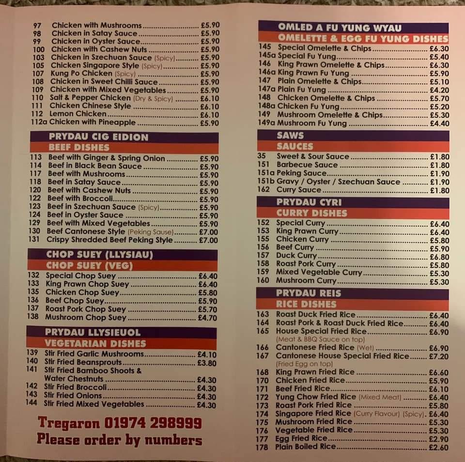 Menu at Dan'i Sang restaurant, Tregaron