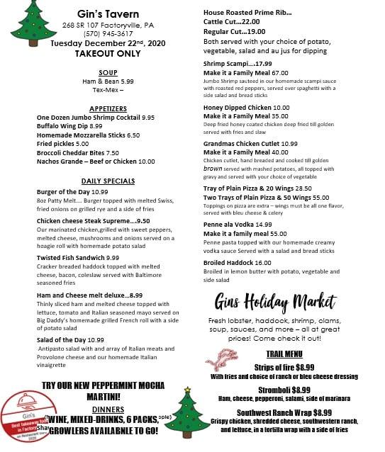 Menu at Gin's Tavern restaurant, Factoryville