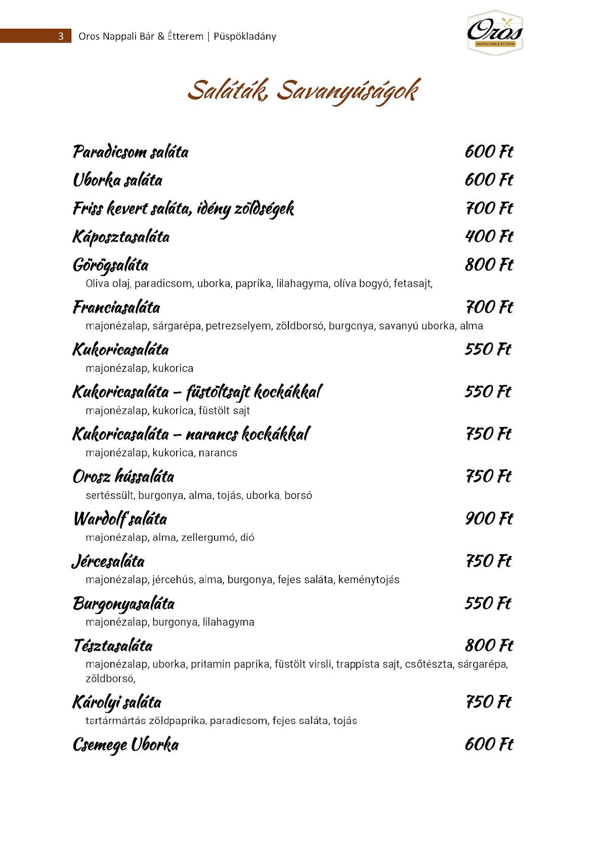 Menu at Oros Nappali Bár és Étterem restaurant, Püspökladány