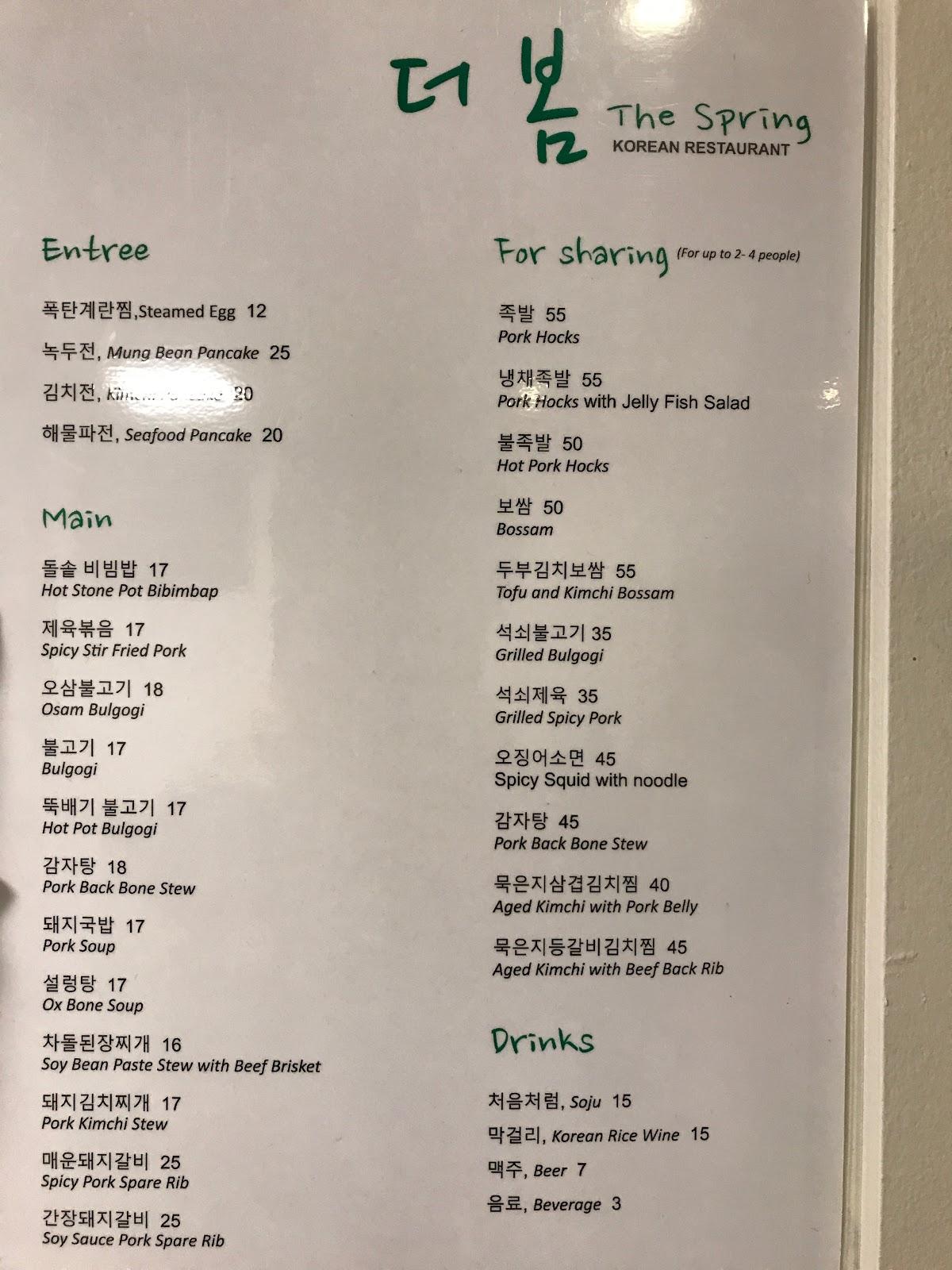 Menu at The spring restaurant, Christchurch