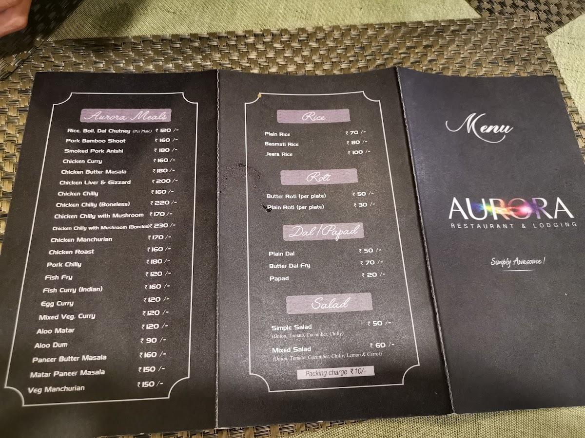 Menu at Aurora restaurant&lodging, Kohima