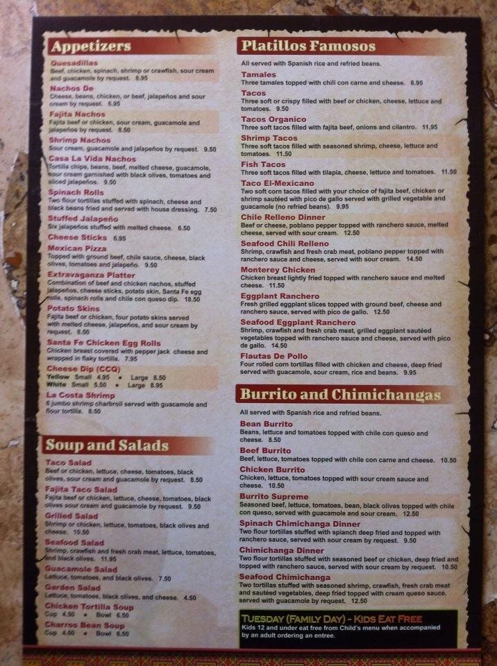 Menu at Casa La Vida restaurant, Baton Rouge
