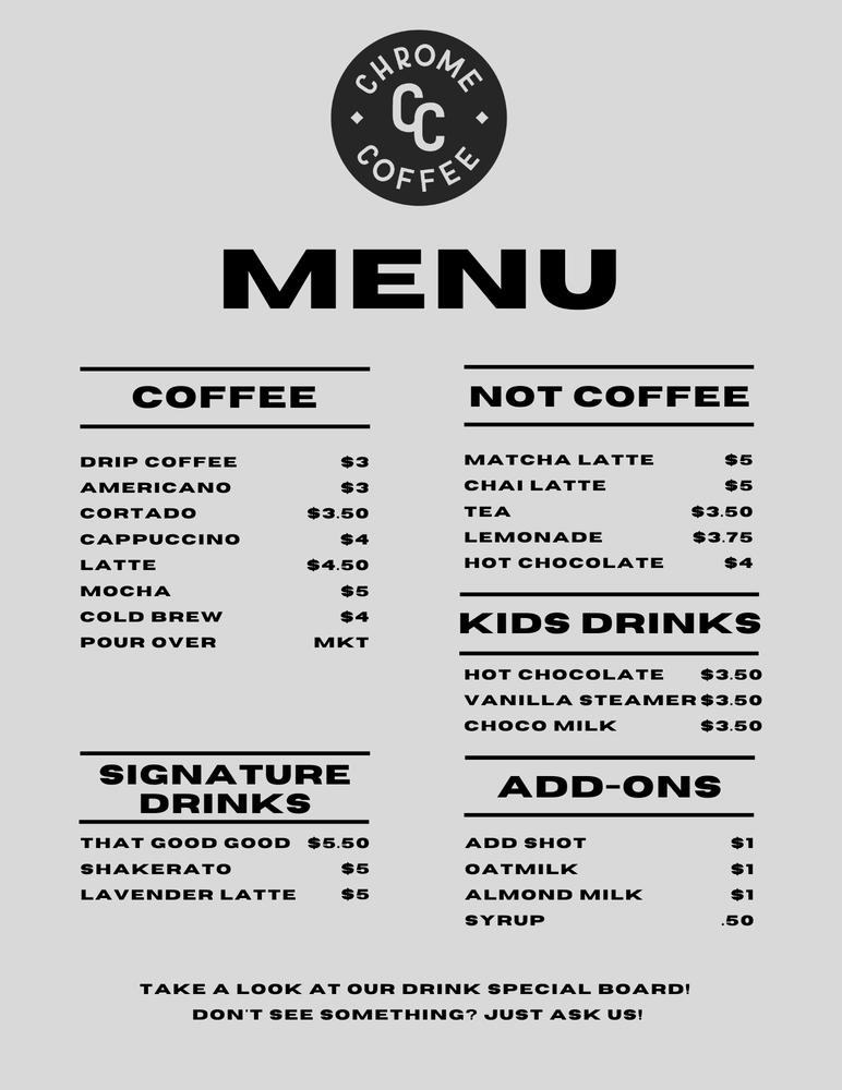 Menu at Chrome Coffee, Antioch