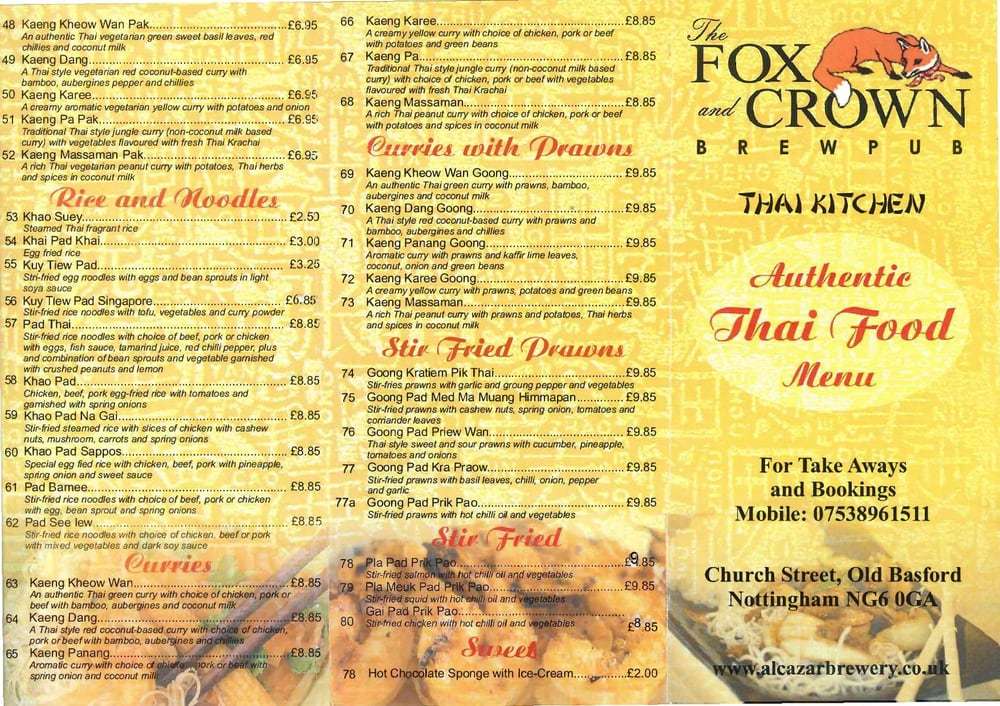 Menu at The Fox & Crown pub & bar, Nottingham, 33 Church St